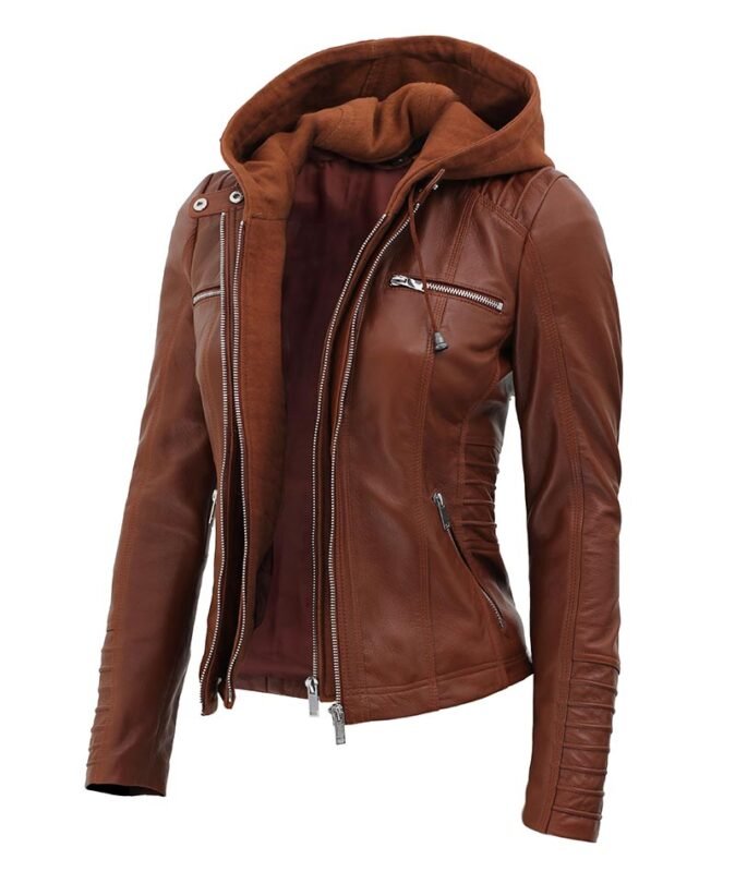 Womens Brown Cafe Racer Leather Jacket With Removable Hood - Flesh Jacket
